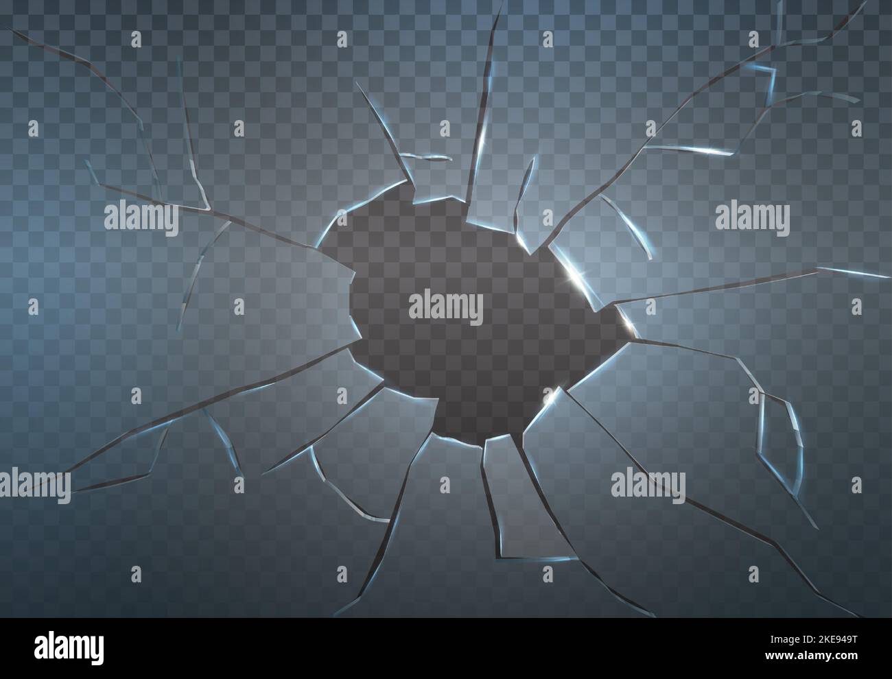 3d realistic vector icon. Broken glass, cracked gun hole with broken ...