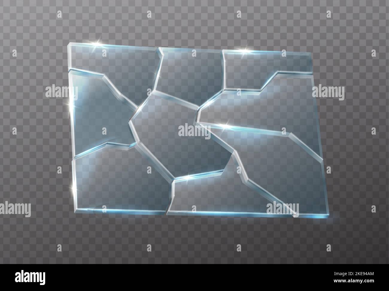 3d realistic vector. Cracked glass transparent plate with shuny ...