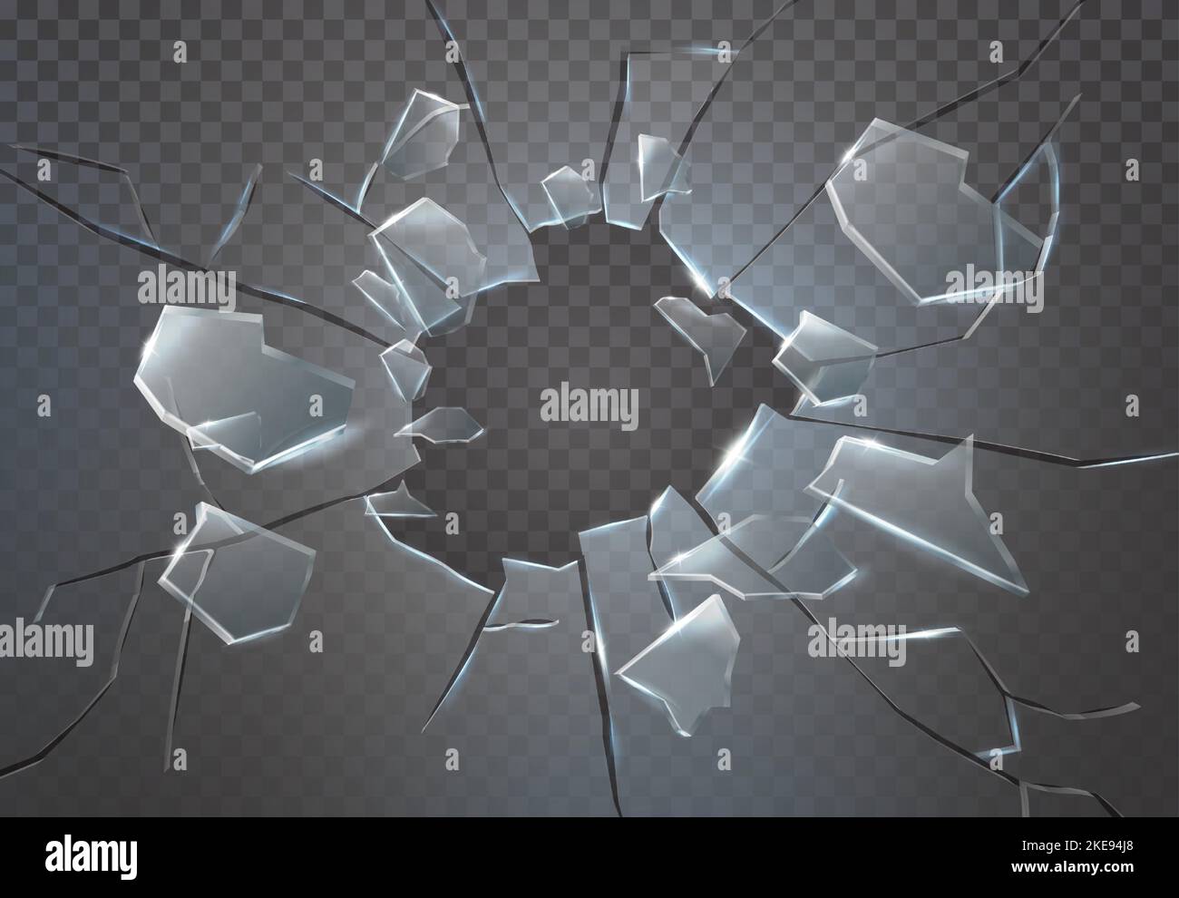 realistic vector icon. Broken glass, cracked hole with broken pieces with flying around cracks ...