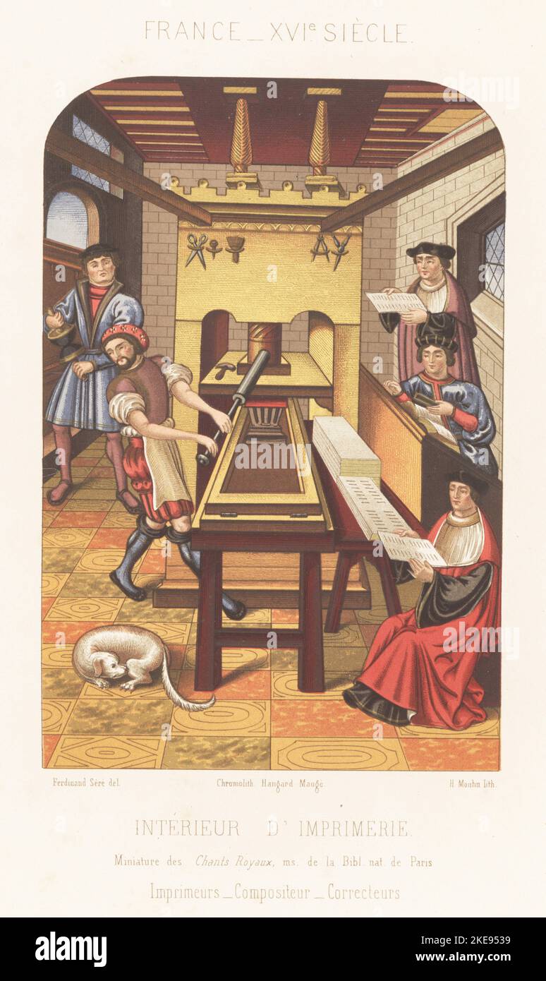 Interior of a printing workshop, France, 16th century. A printer pulls ...