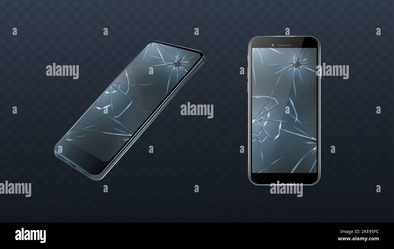 realistic vector icon set.two views side and front view of broken phone ...