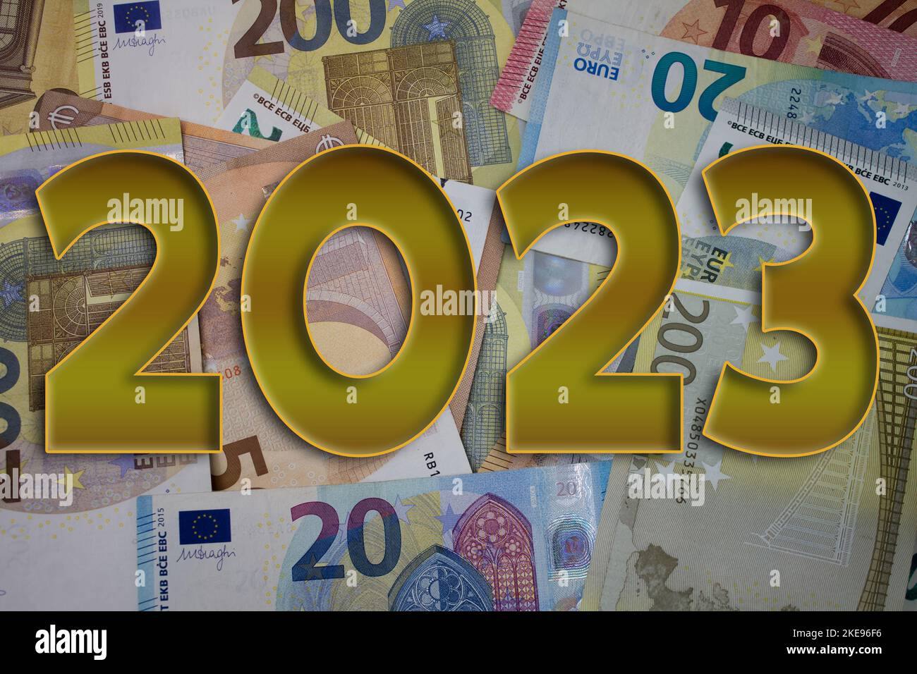 The number 2023 with money. Paper currency background with different ...