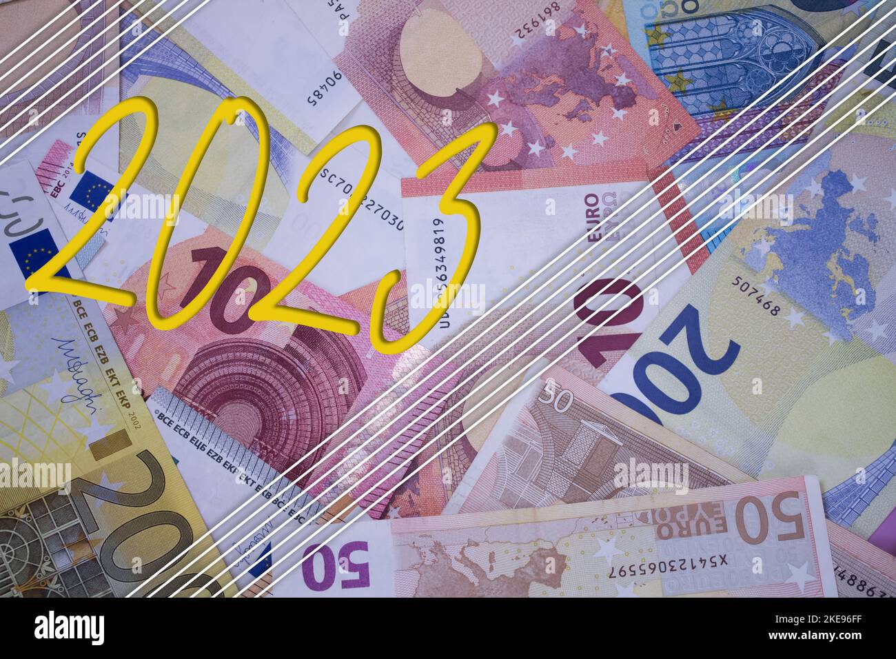 The number 2023 with money. Paper currency background with different ...