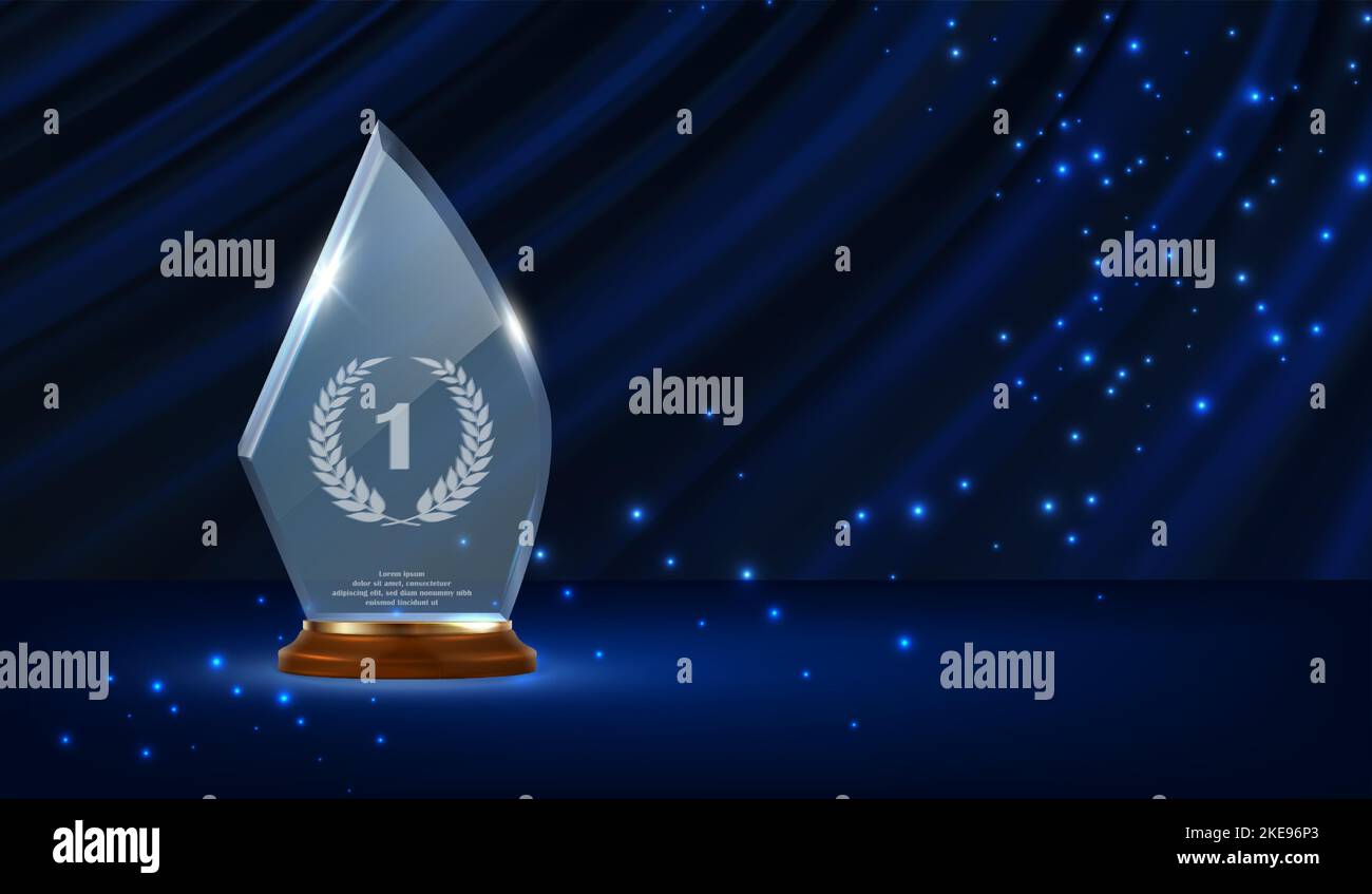 realistic vector background. gLass trophy with laurel on blue wavy ...
