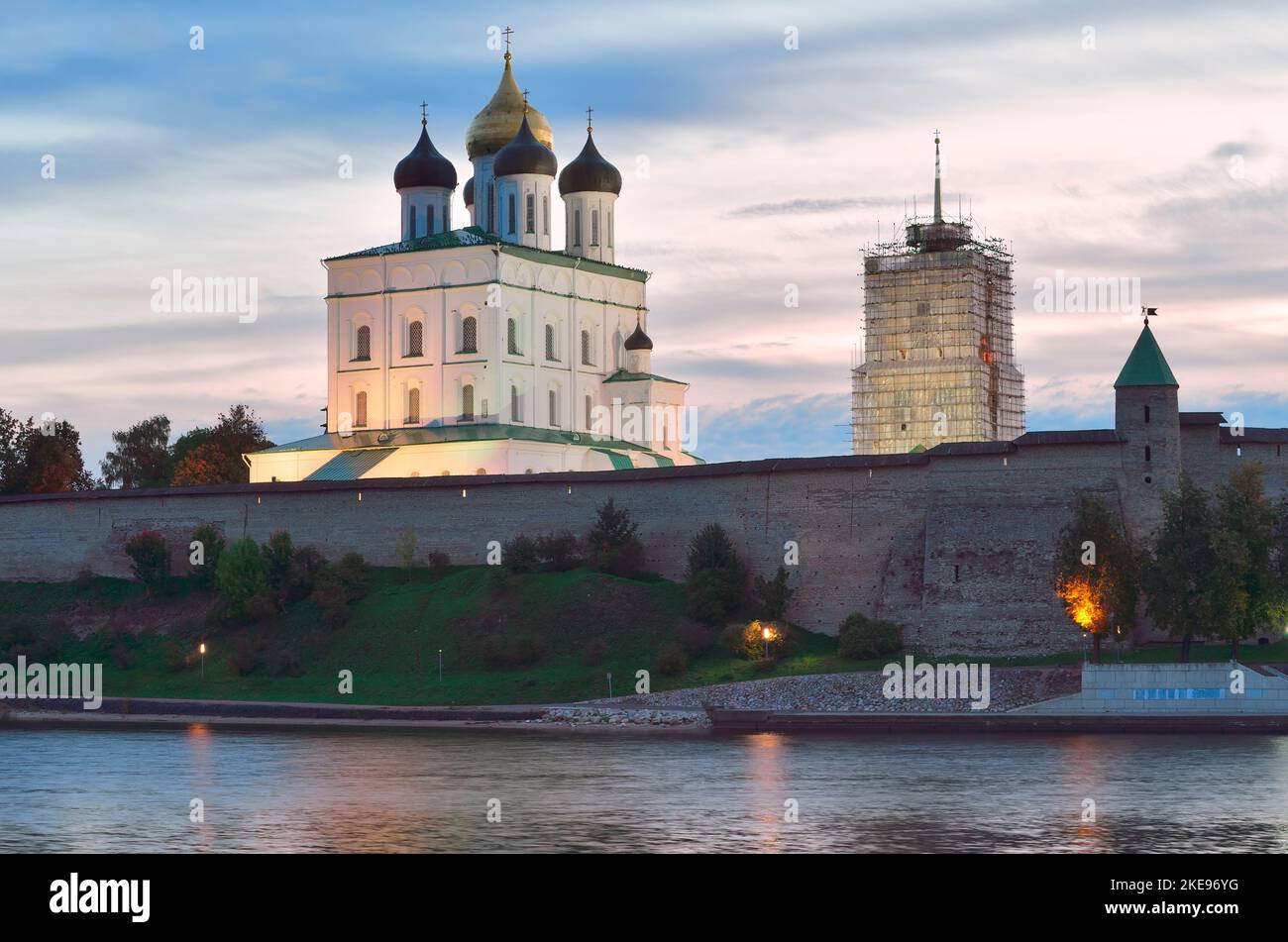 The Old Russian Pskov Kremlin. Trinity Cathedral behind the fortress ...