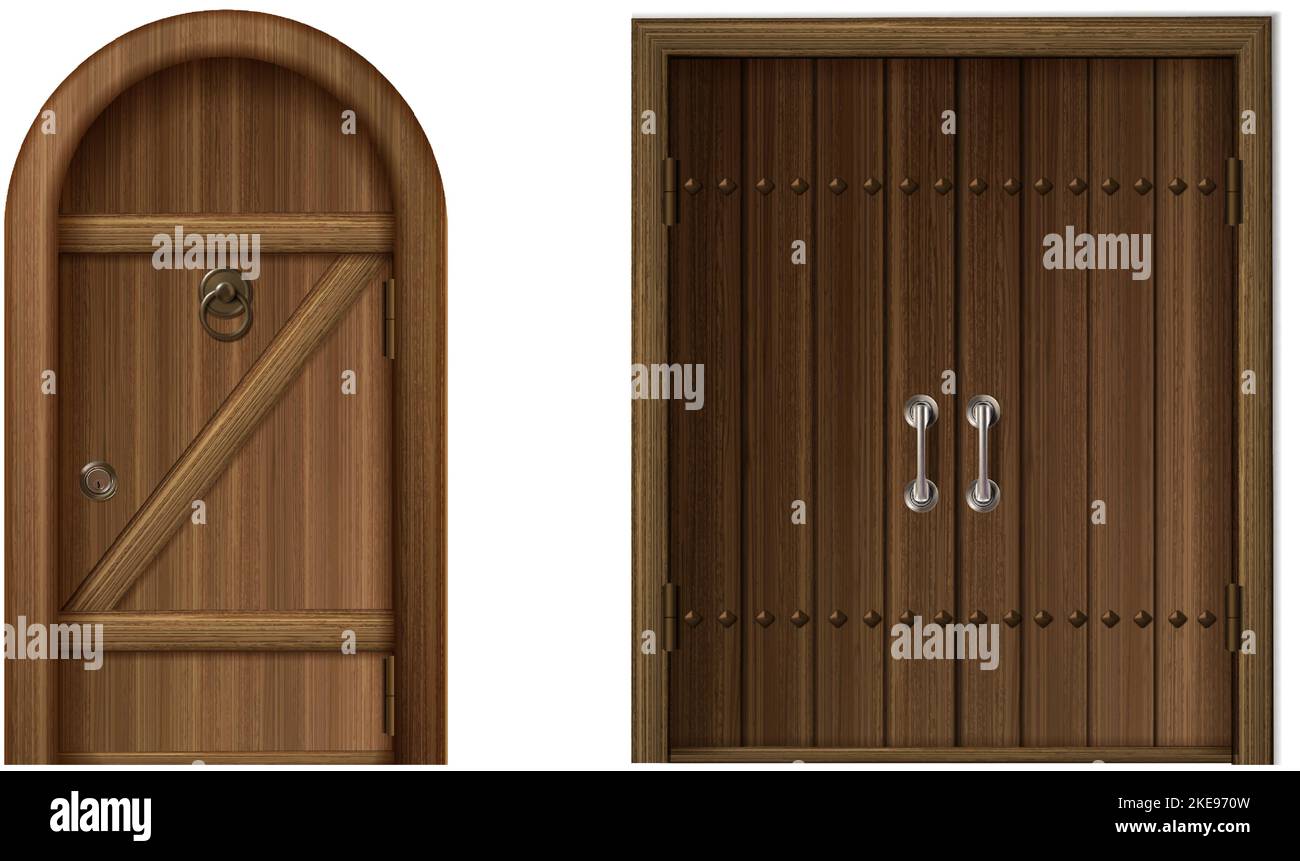 realistic vector icon set. Old antique wooden doors with golden and ...