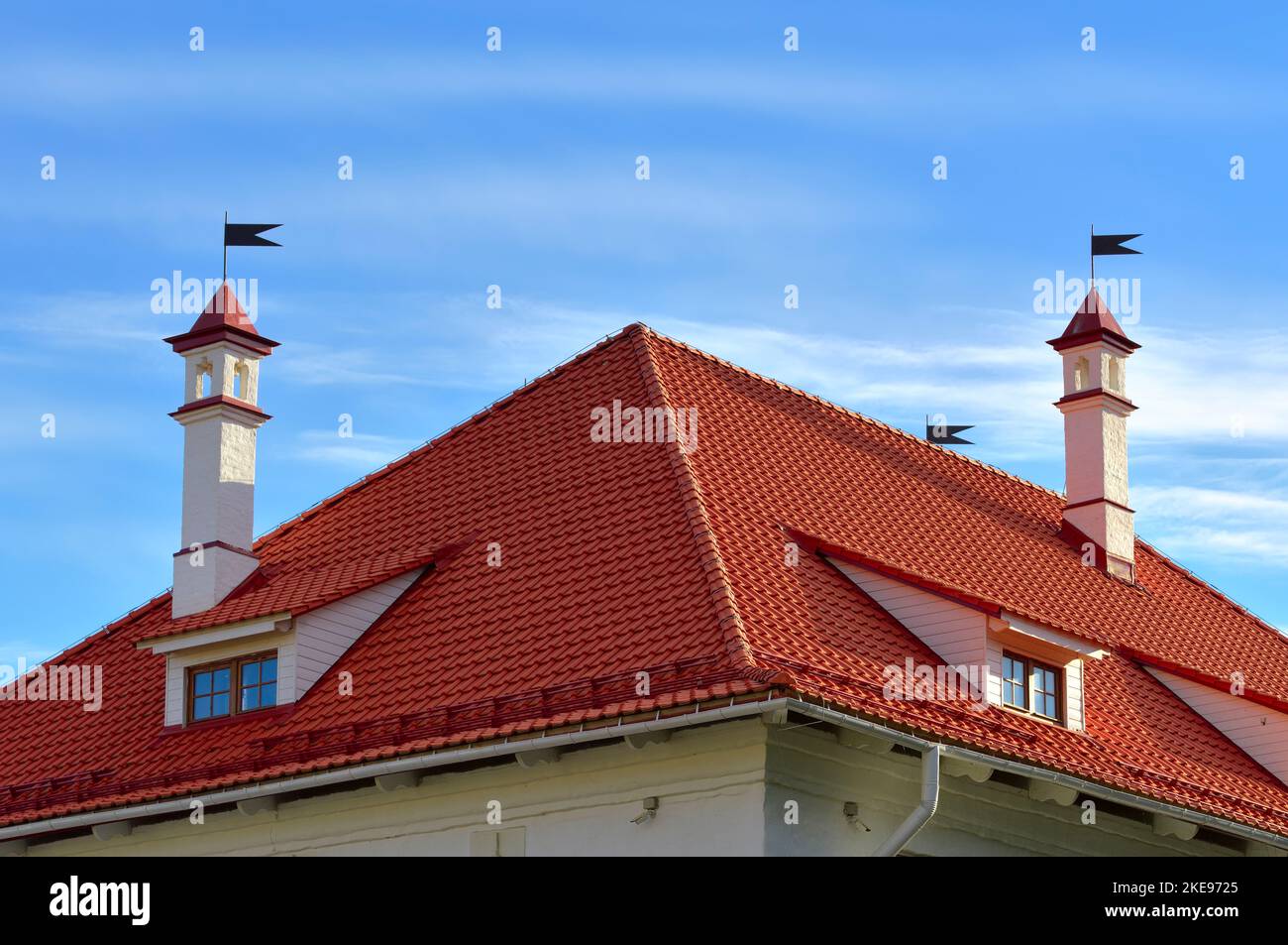 Tiled roof with small towers. The roof is in the Old Russian style of a ...