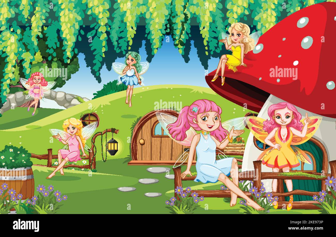 Enchanted scene with medieval cartoon characters illustration Stock ...