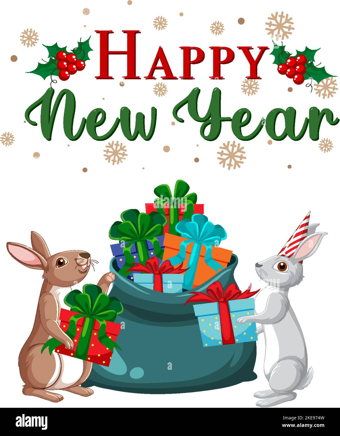 Happy New Year text with cute rabbit for banner design illustration ...