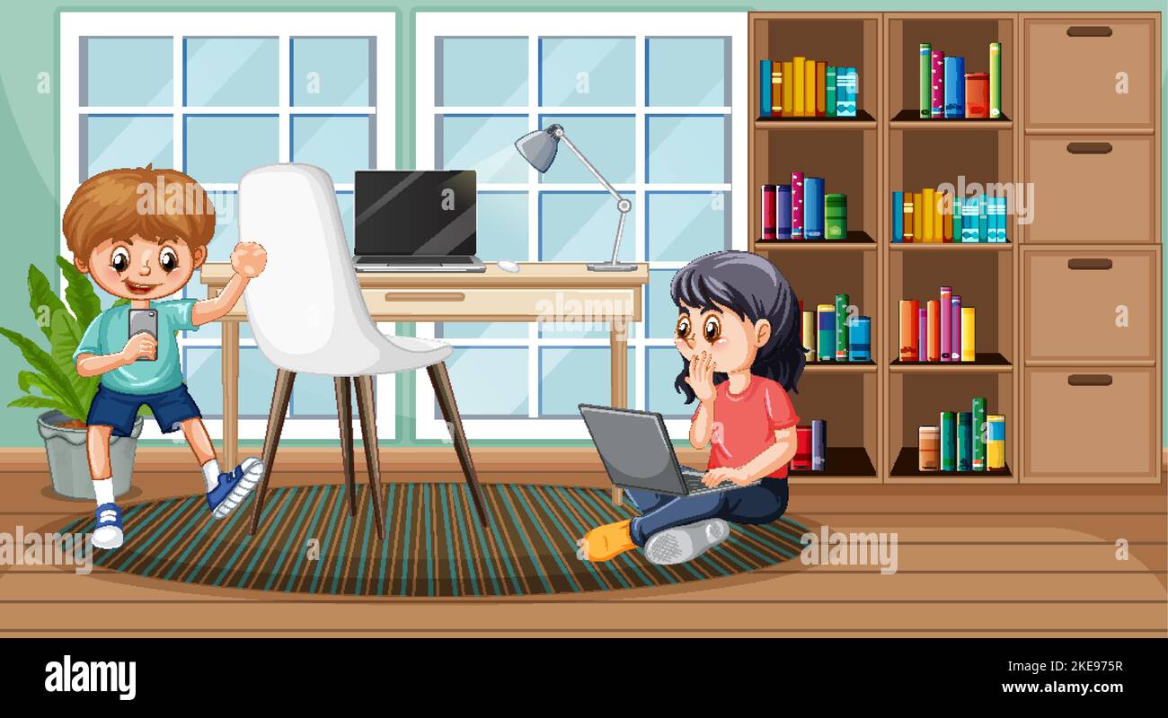 Children using technology devices at home illustration Stock Vector ...