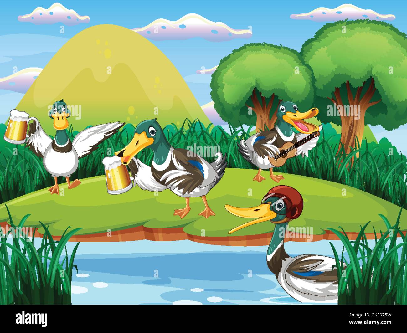 Outdoor scene with cartoon ducks illustration Stock Vector Image & Art ...