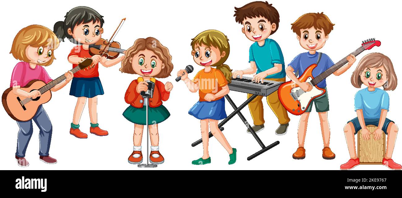 Happy kids playing musical instruments illustration Stock Vector Image ...