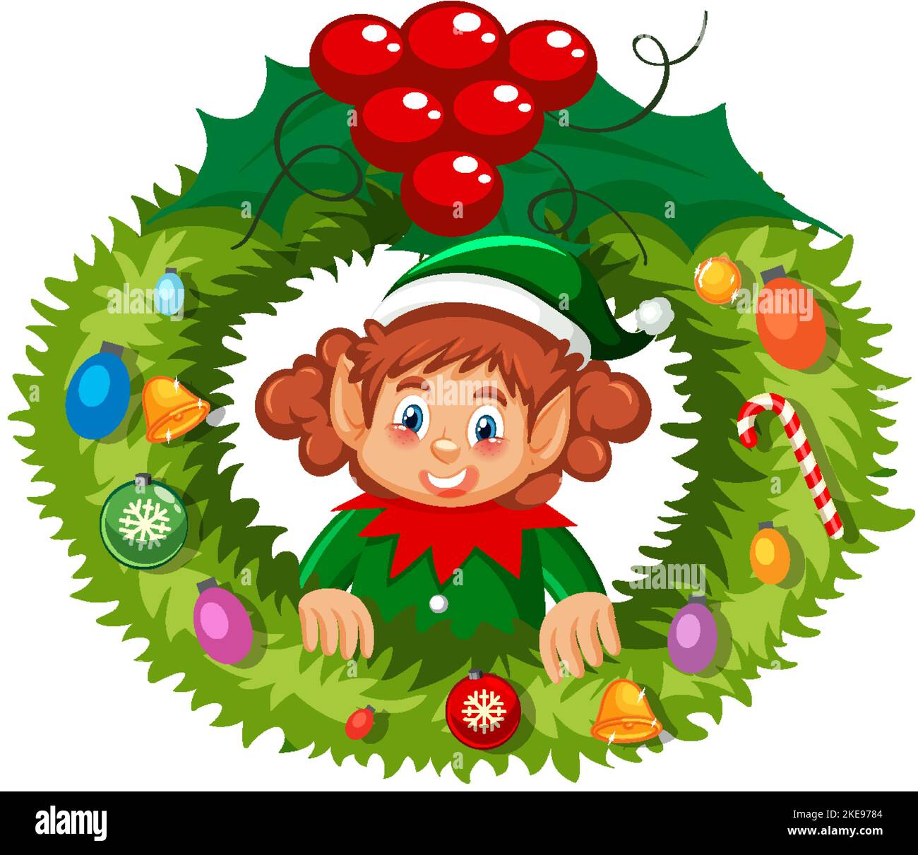 Elf Christmas wreath in cartoon style illustration Stock Vector Image ...