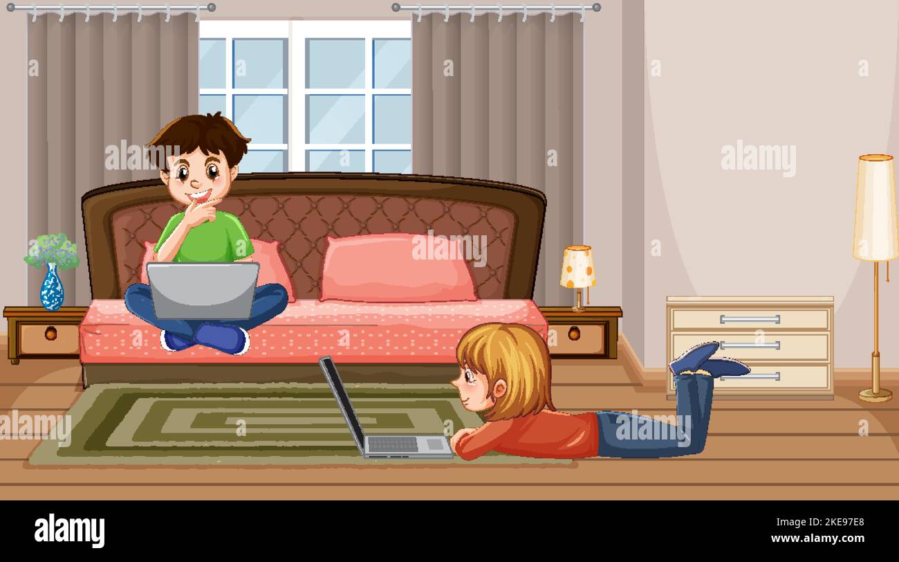 Children using technology devices at home illustration Stock Vector ...