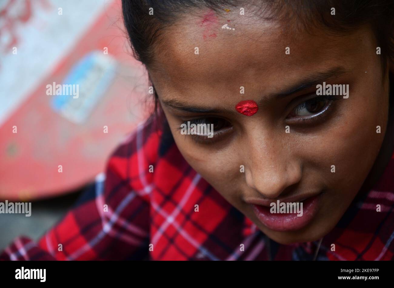 Face of nepali girl posing portrait between use henna ink write drawing ...
