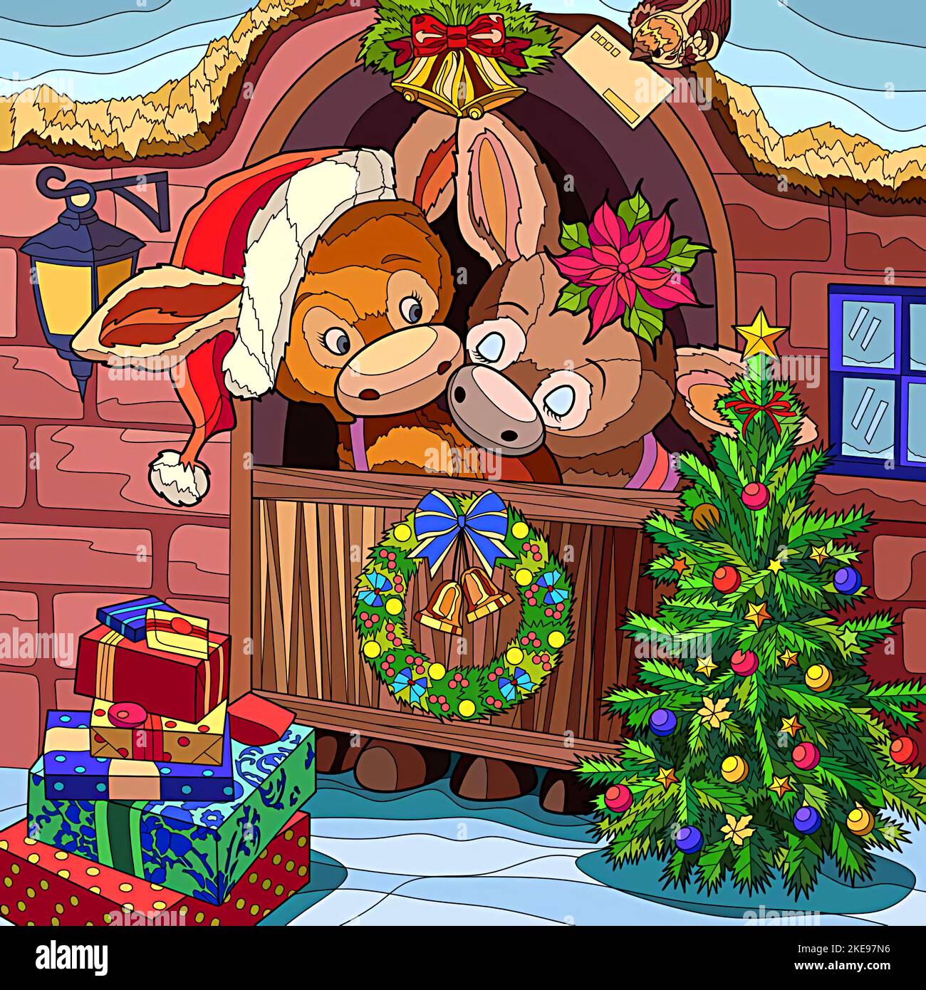 Merry Christmas, illustration of stuffed reindeer, gift boxes ...