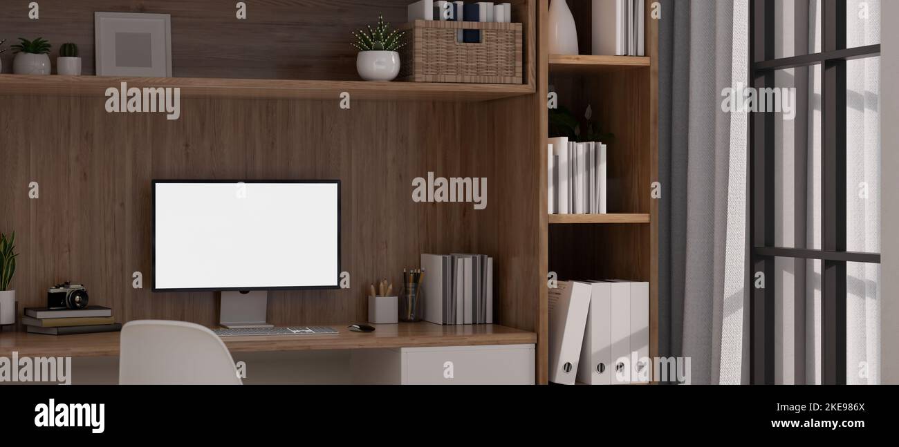Modern home workspace interior design with PC computer white screen ...