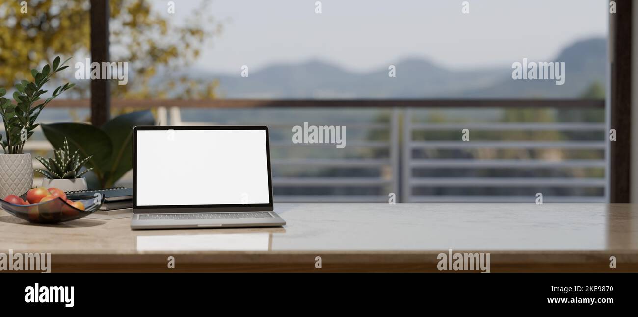 close-up image, Notebook laptop white screen mockup, apple tray, decor ...