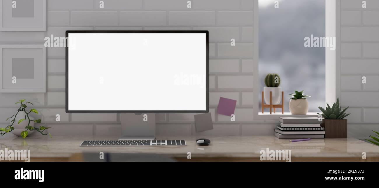 Modern white workspace with Pc computer white screen mockup, keyboard ...