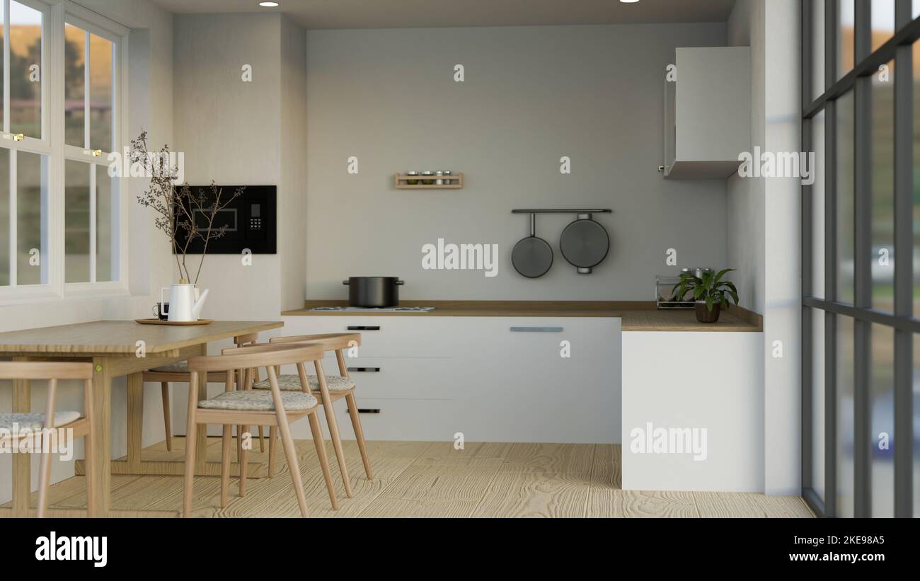 Modern Scandinavian home kitchen cooking space with dining table ...