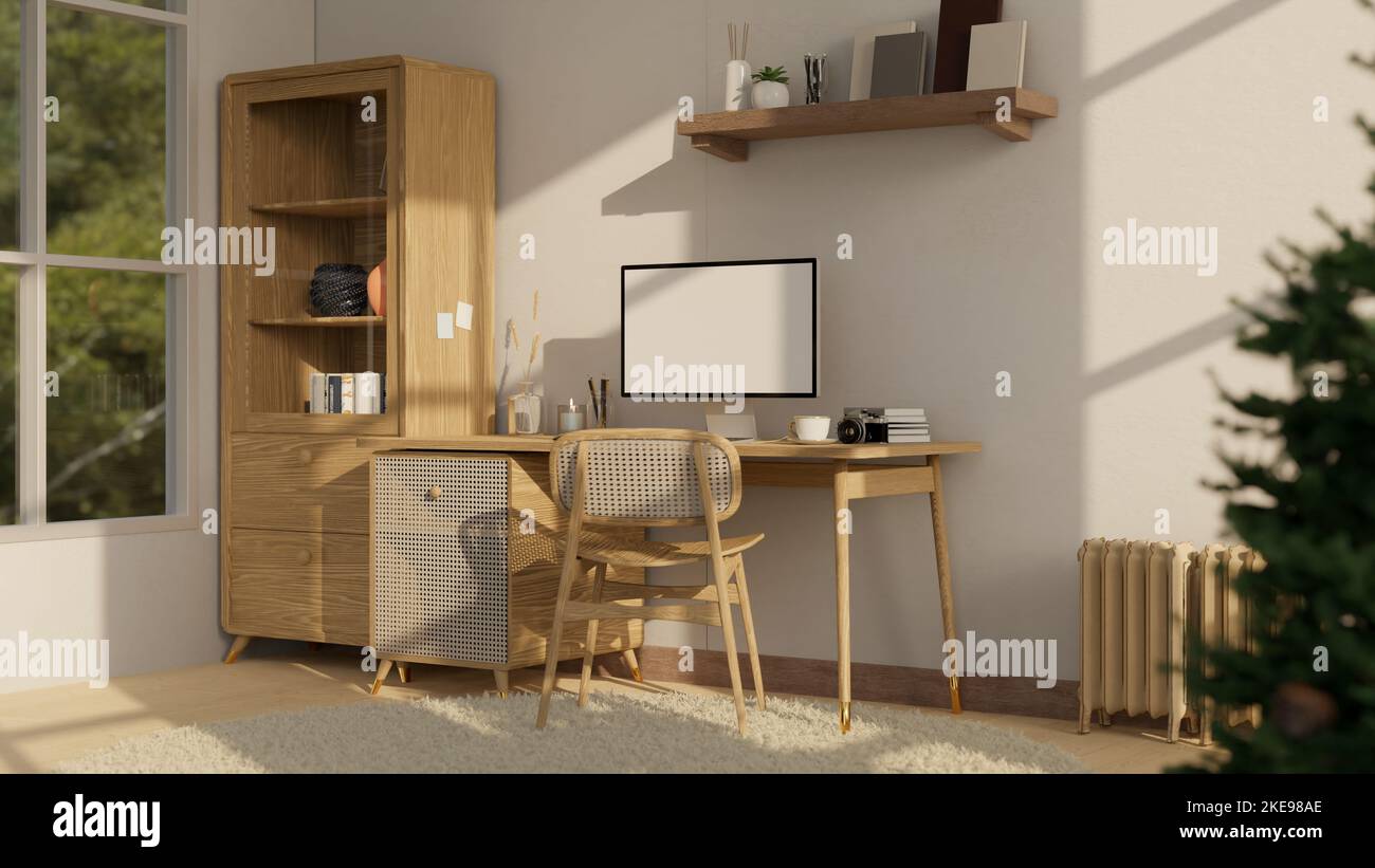 Scandinavian and comfortable home working room interior with computer ...