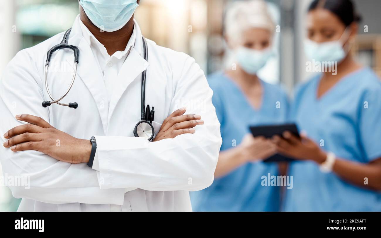Leadership, covid or black man doctor in hospital with stethoscope for ...