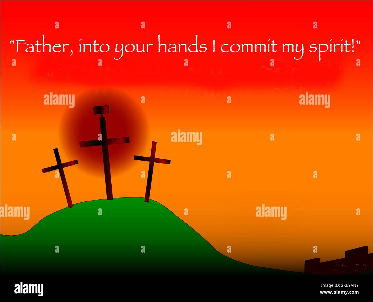 The three crosses with sign on Calvary with the city walls in the ...