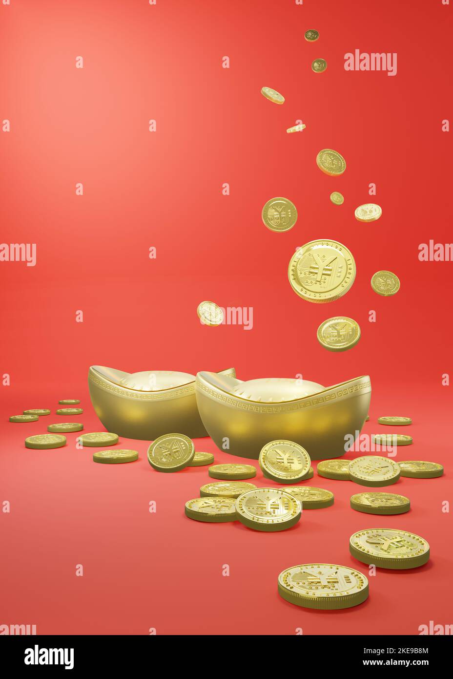 Gold sycee ( yuanbao ) and Crypto coins (Digital Yuan) on red ...