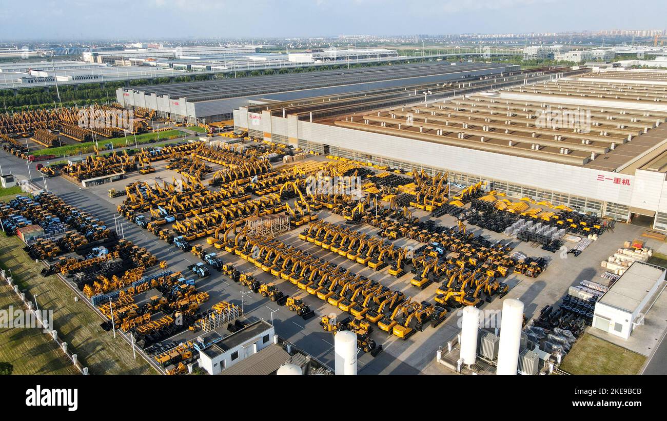 Aerial photos show the construction machinery arranged neatly for sale ...