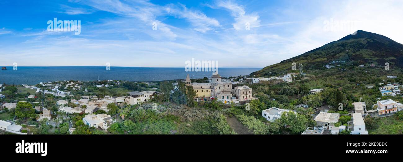 A 180 degree view of Stromboli and church San Vicenzo Ferreri Blue ...