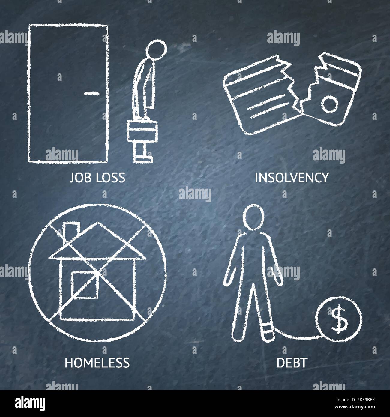 Economic and financial crisis icon set on chalkboard. Bank debt, losing ...