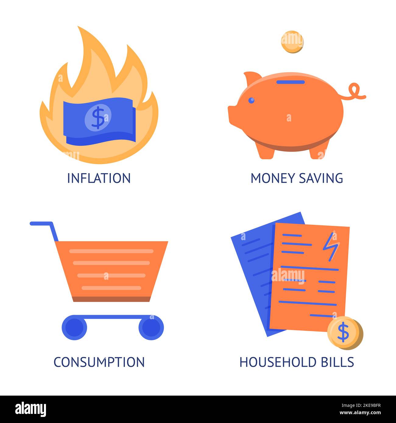 Inflation and consumption icon set in flat style. Energy bills, money ...
