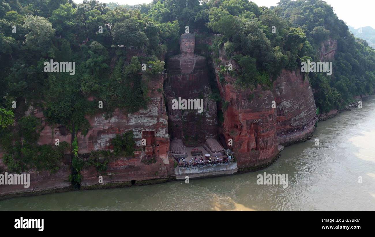 Aerial photos show the full view of the Leshan Giant Buddha in Leshan ...