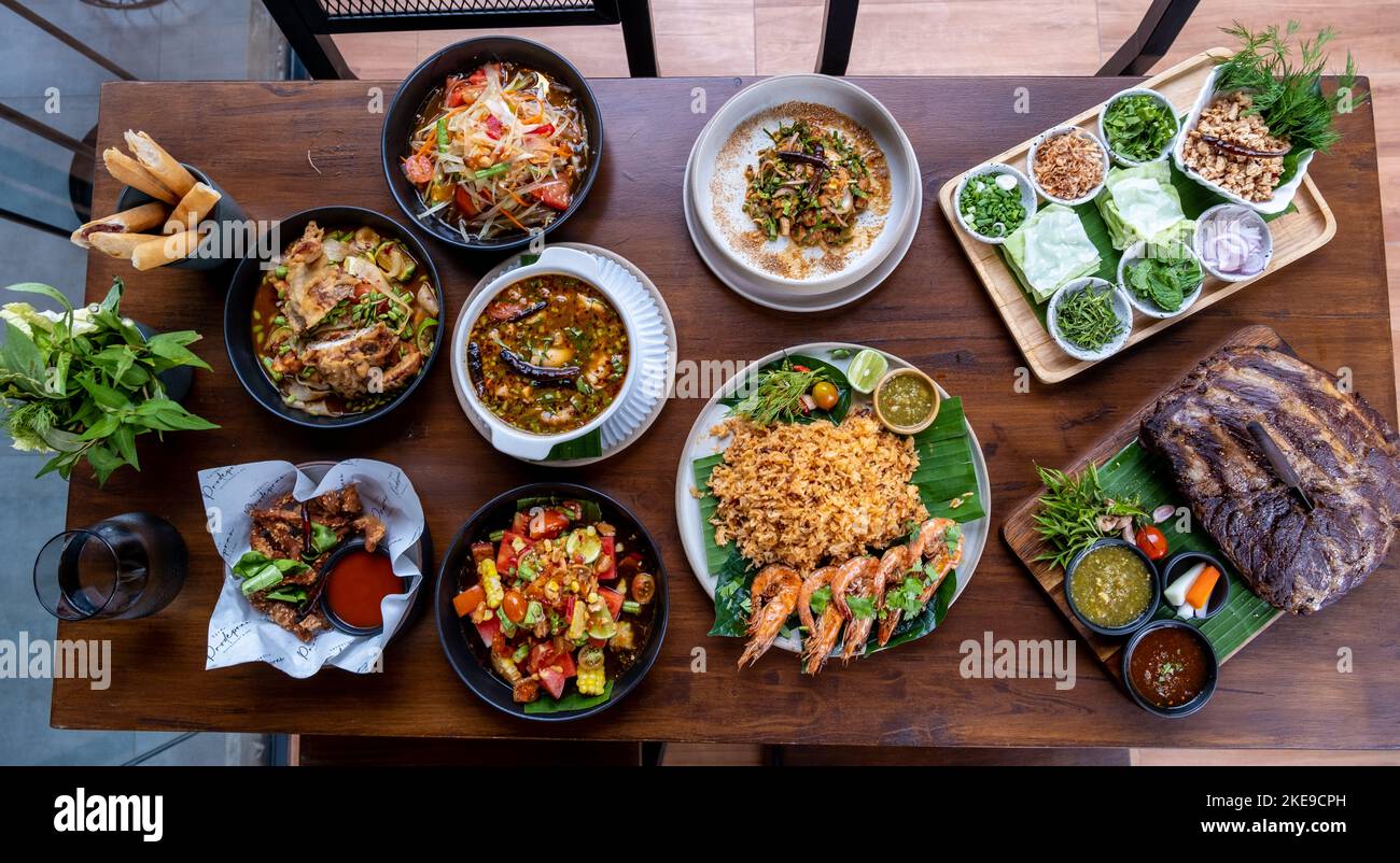 Top view at table with Thai food Stock Photo - Alamy