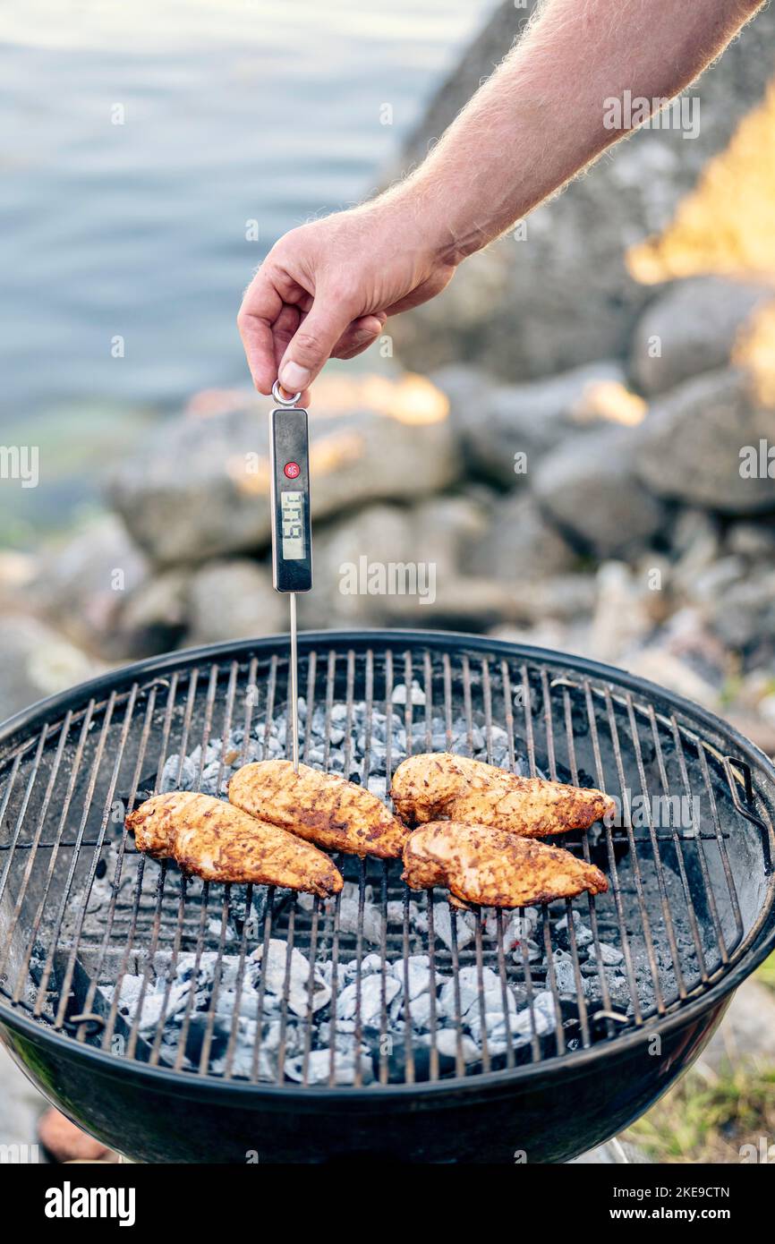 A human hand measuring heat of grilling chicken meat on grill stove ...
