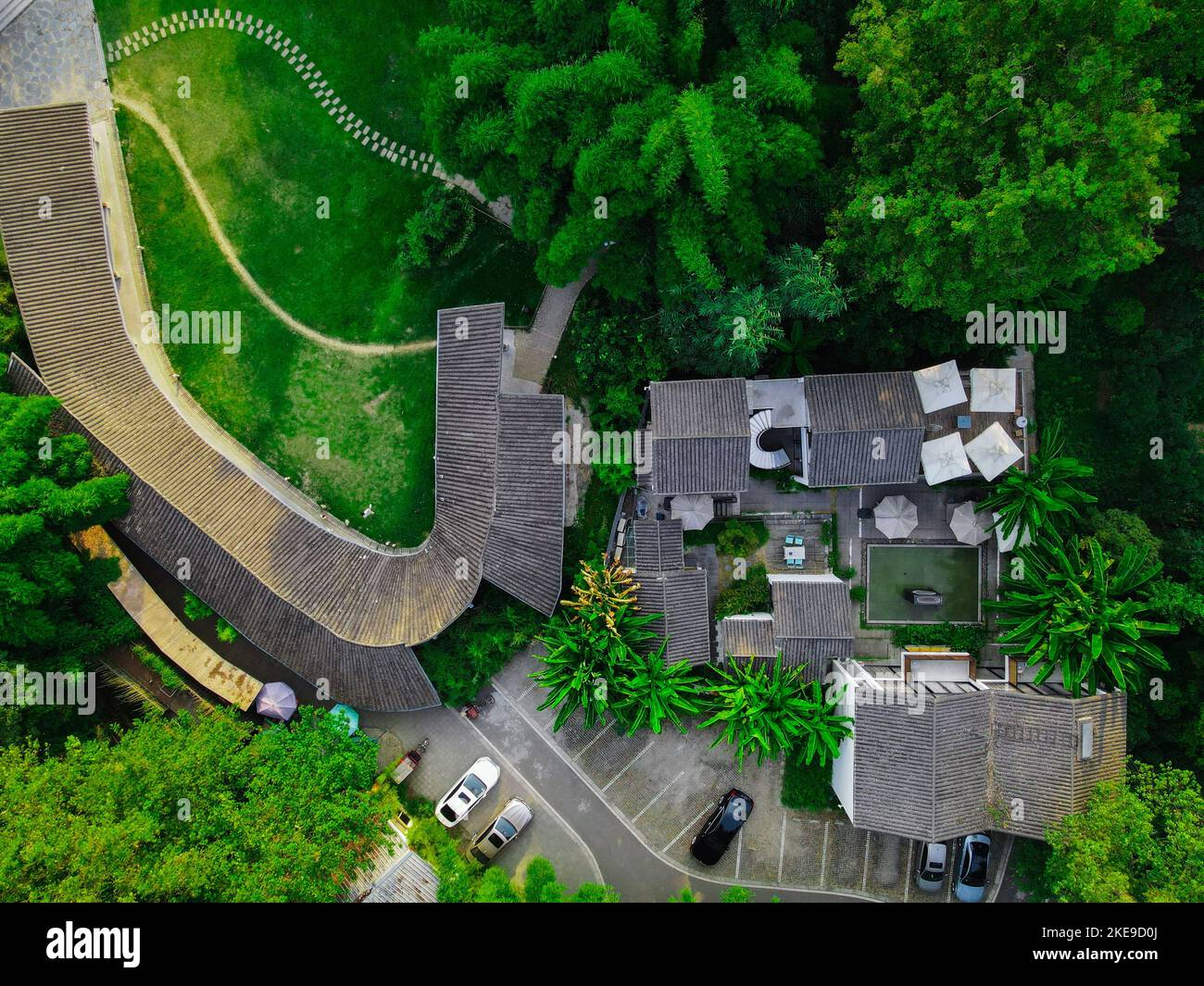 Aerial photos show a homestay hidden in the bamboo forest, which looks ...