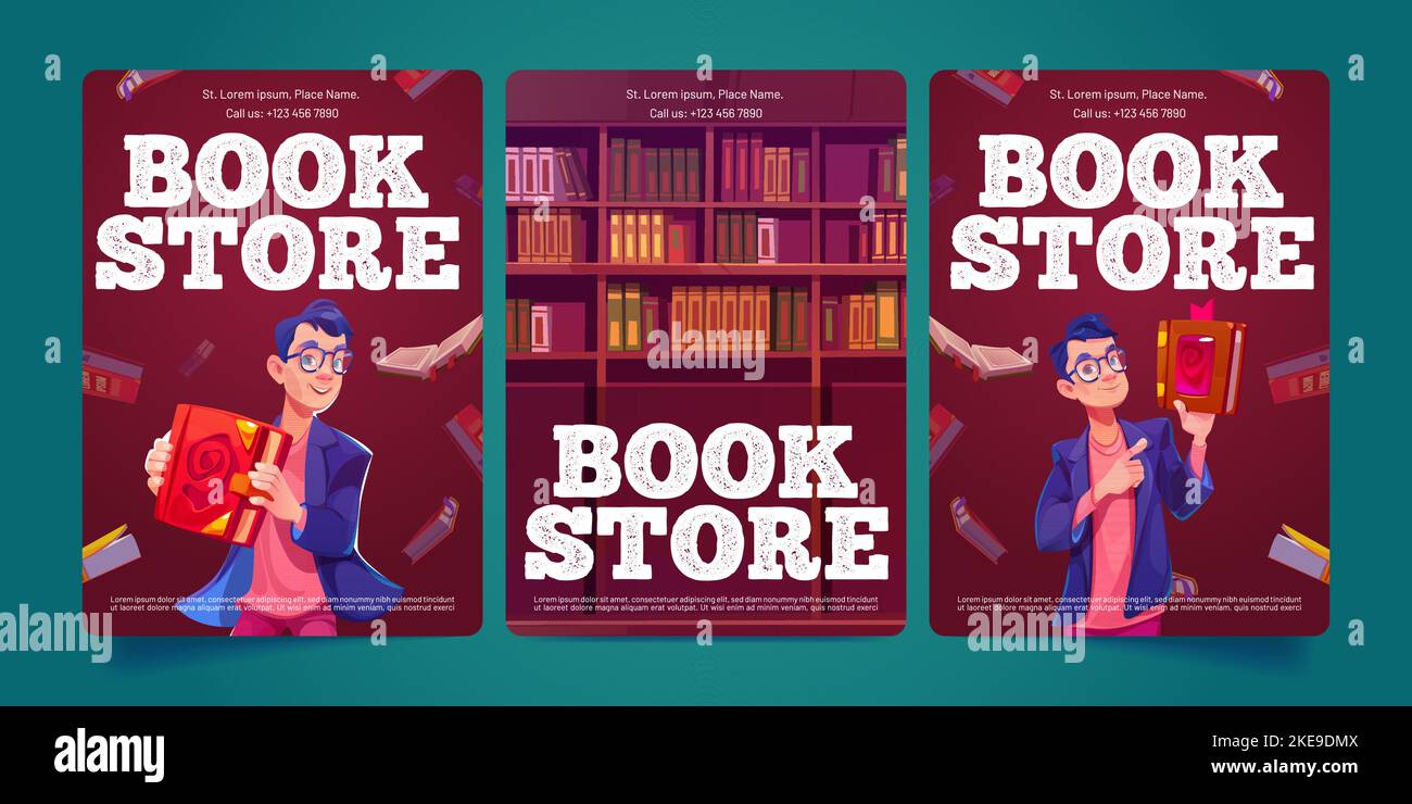 Book store banners with young man and shelves with literature. Vector ...