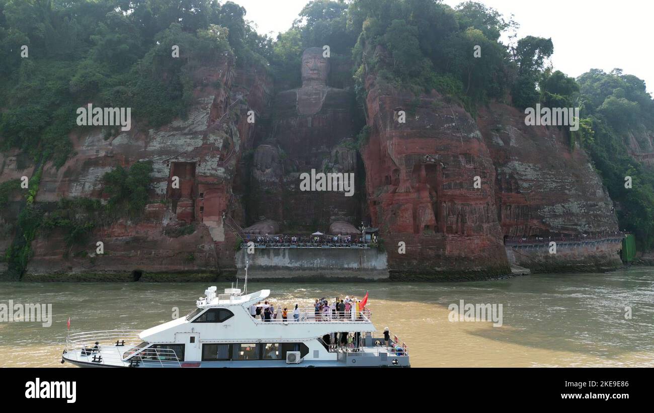 Aerial photos show the full view of the Leshan Giant Buddha in Leshan ...