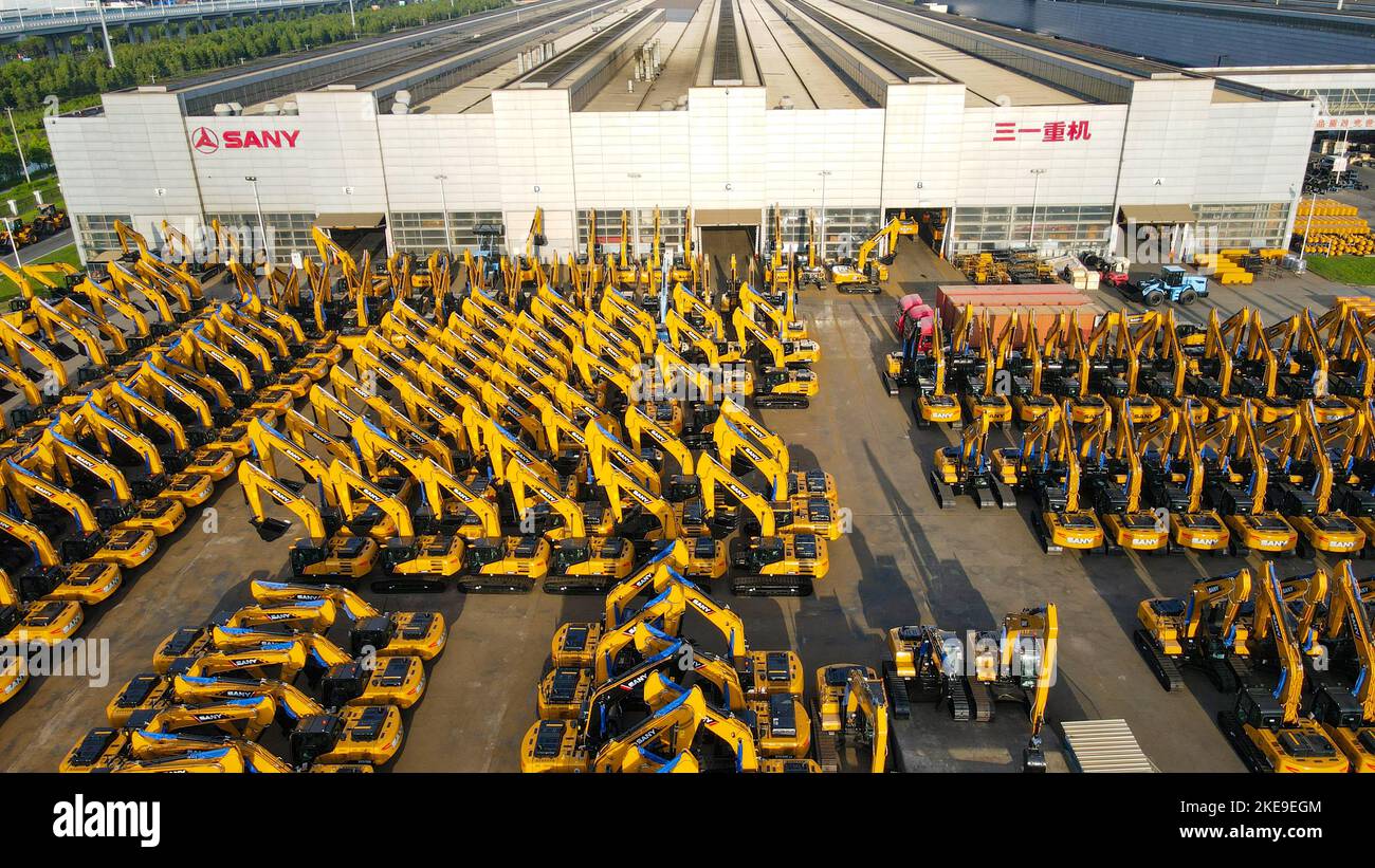 Aerial photos show the construction machinery arranged neatly for sale ...