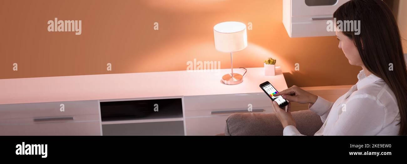Smart Light At Home. Remote Technology App On Mobile Phone Stock Photo ...
