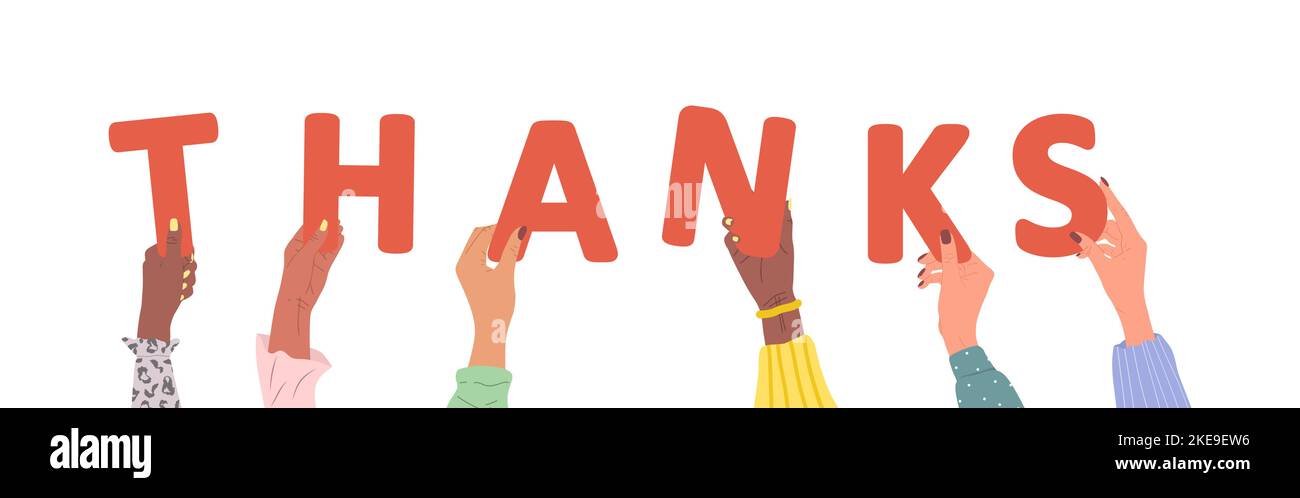 Group of different female hands holding red word Thanks. Diverse multi ...