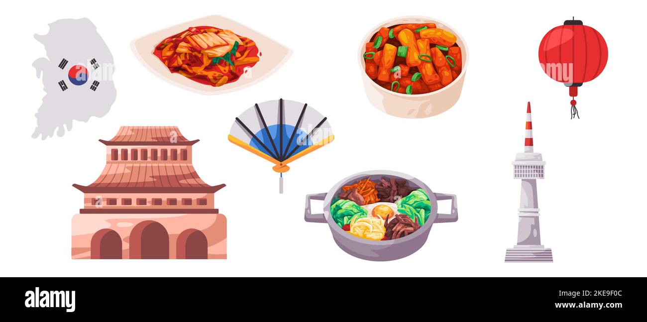 South korean icon set collection of cultural object from food gate ...