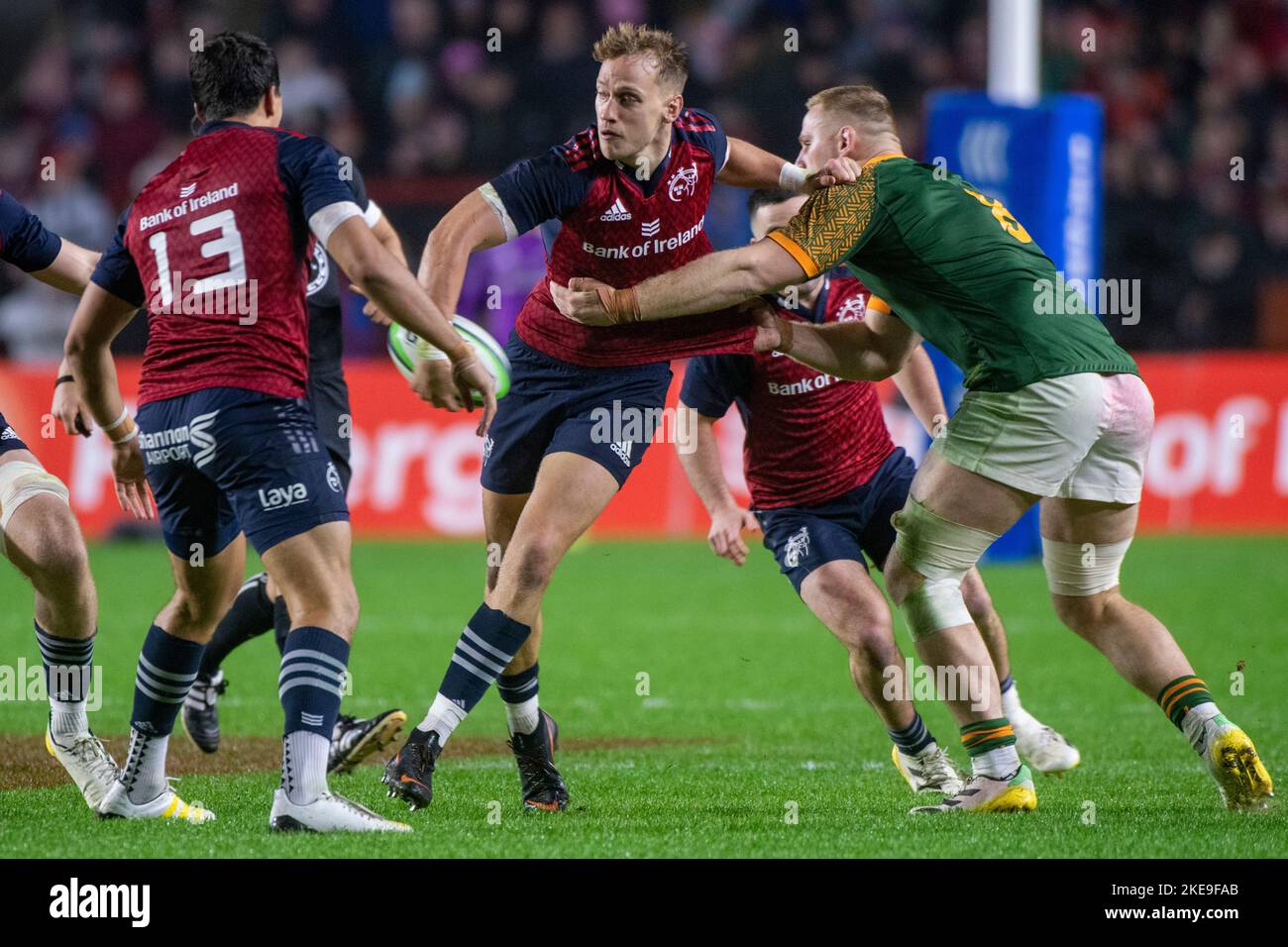 Cork, Ireland on November 10, 2022 Mike Haley of Munster and Jean-Luc ...