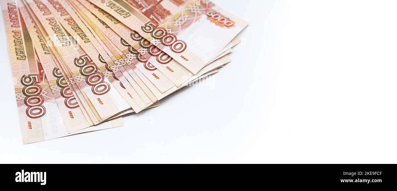 Some five thousand rubles bills. Stack of Russian cash on white Stock ...