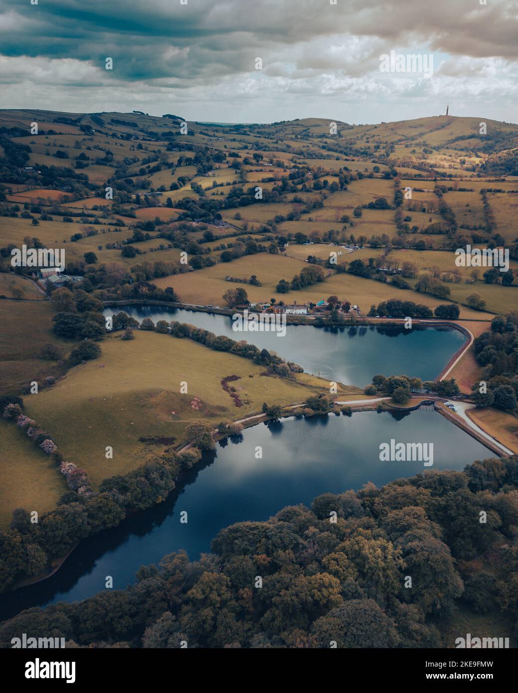 An aerial view of greenery fields surrounded by dense trees and water ...
