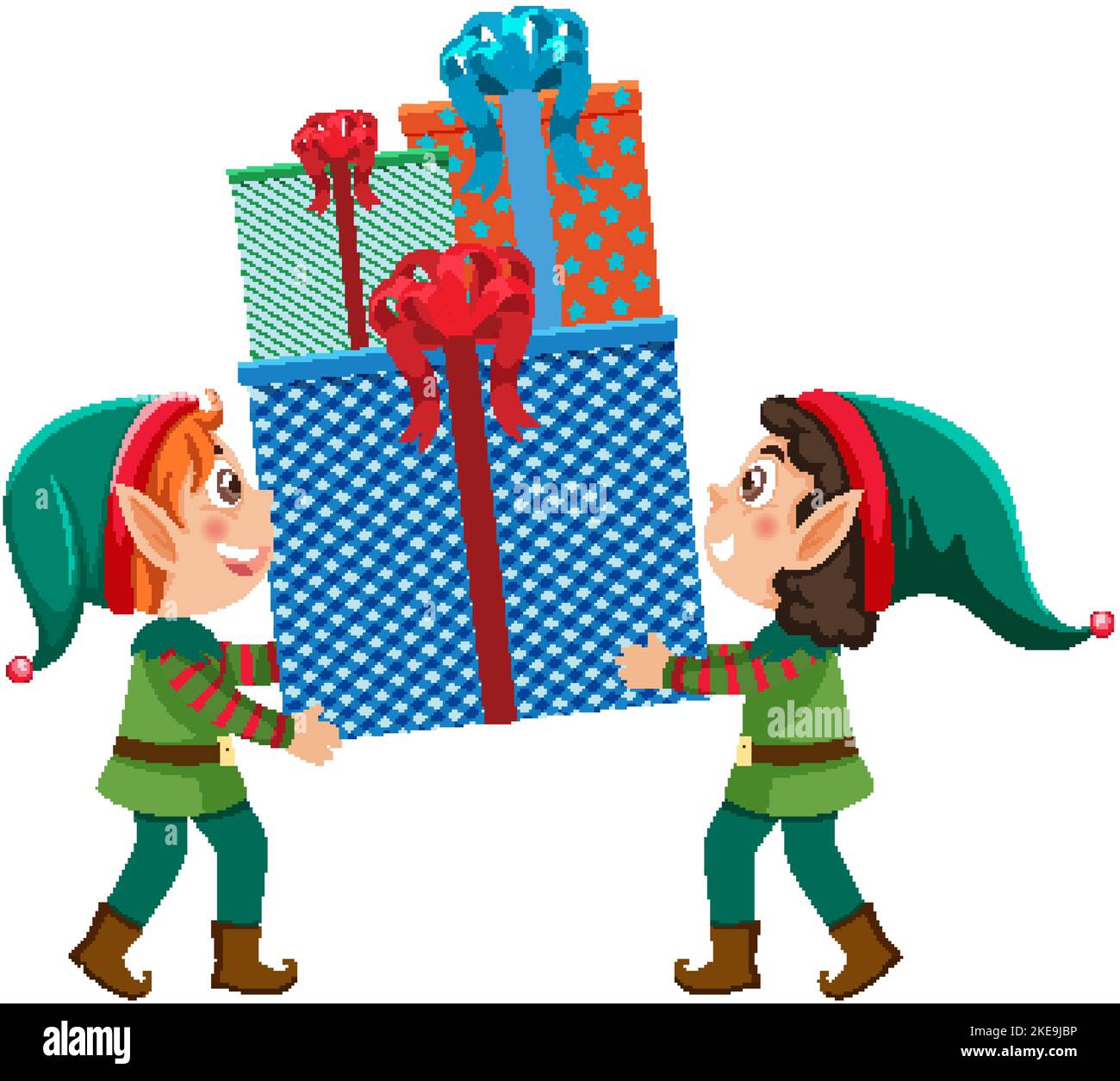 Two elves holding Christmas gift box illustration Stock Vector Image ...
