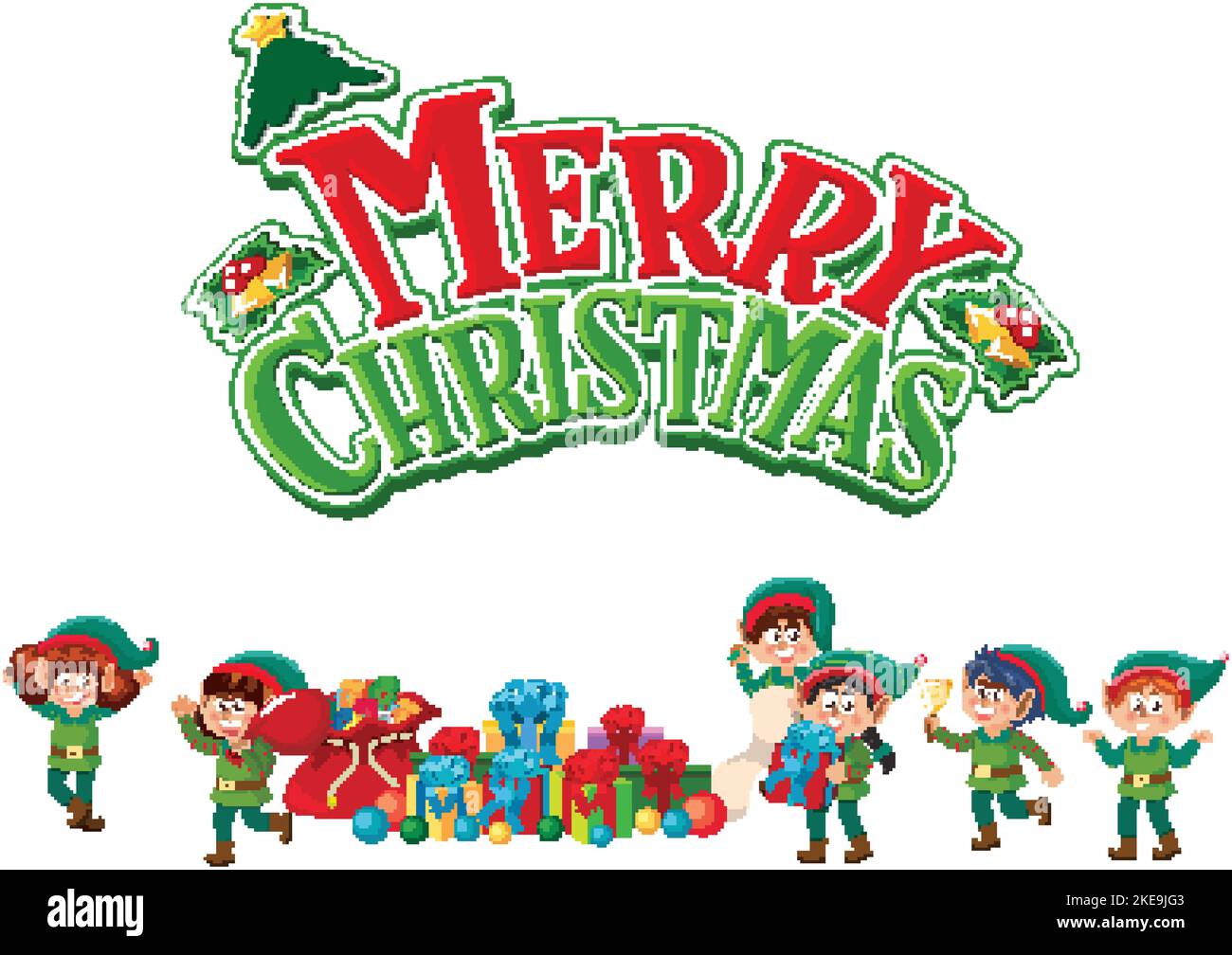 Merry Christmas text with elves cartoon character illustration Stock ...