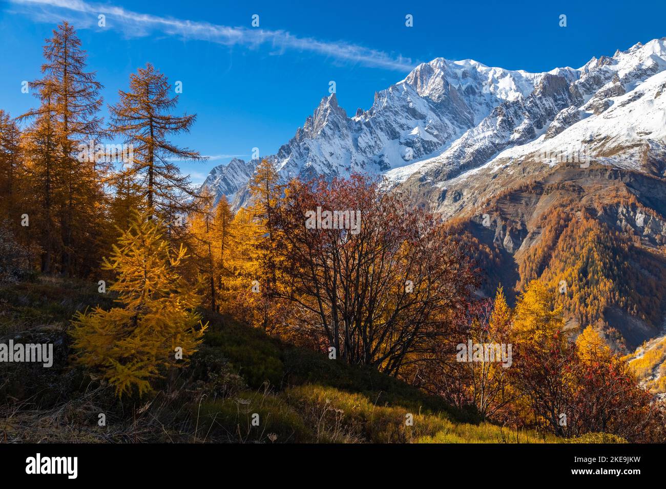 View of the Mont Blanc Massif from the path to the Bertone Refuge in ...