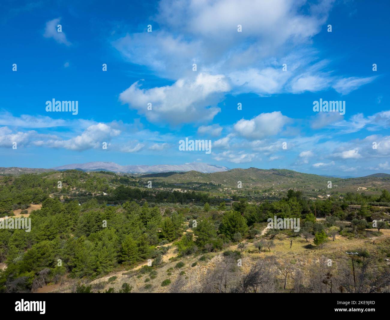 Panoramic view of typical greek mediterranean landscape with hill, fir ...
