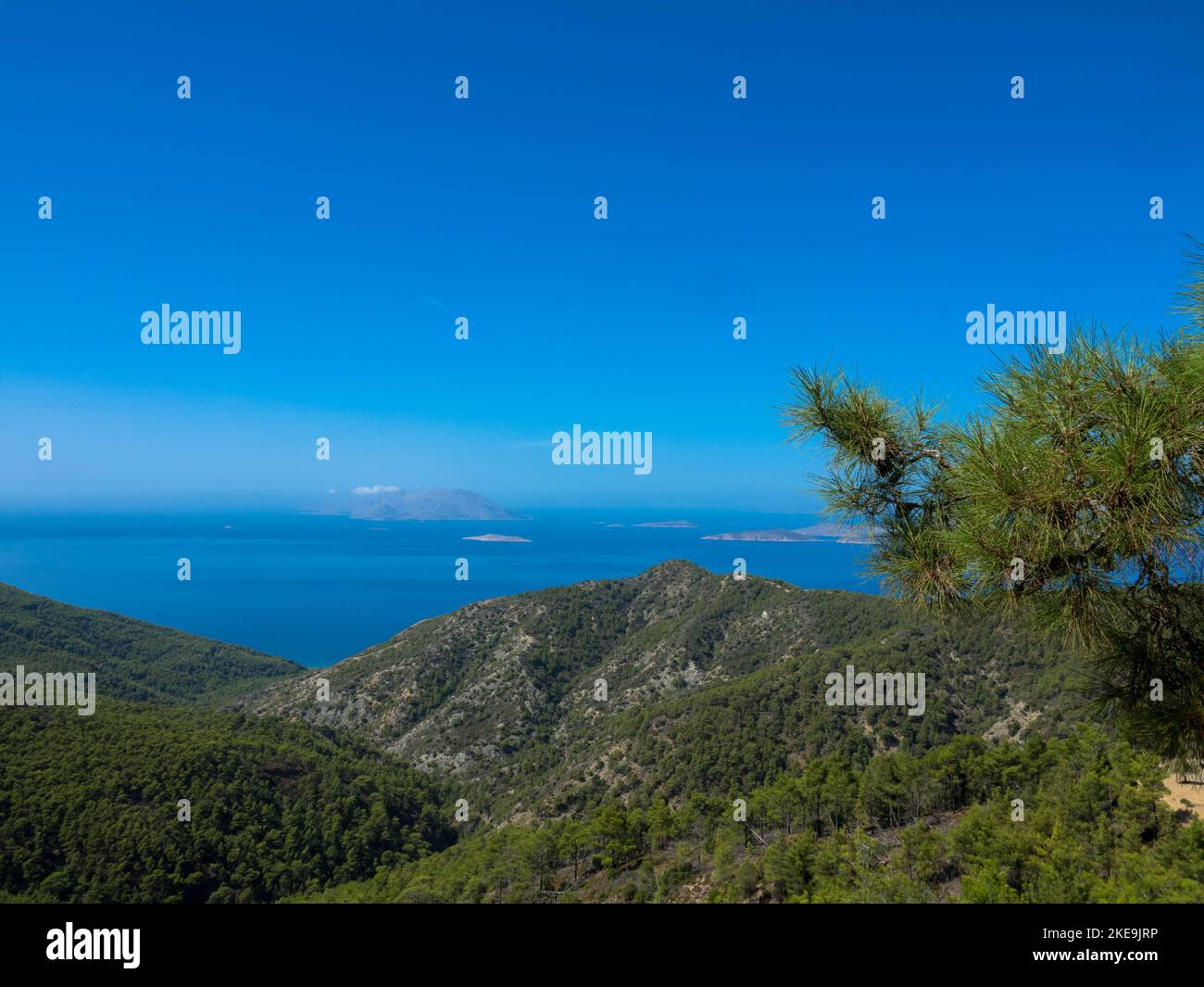 Panoramic view of typical greek mediterranean landscape with hill, fir ...